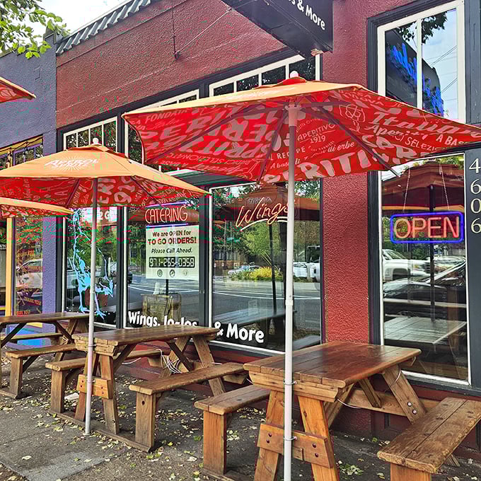The sidewalk seating area says "Portland" as clearly as any postcard—casual, welcoming, and ready for you to settle in with something delicious.