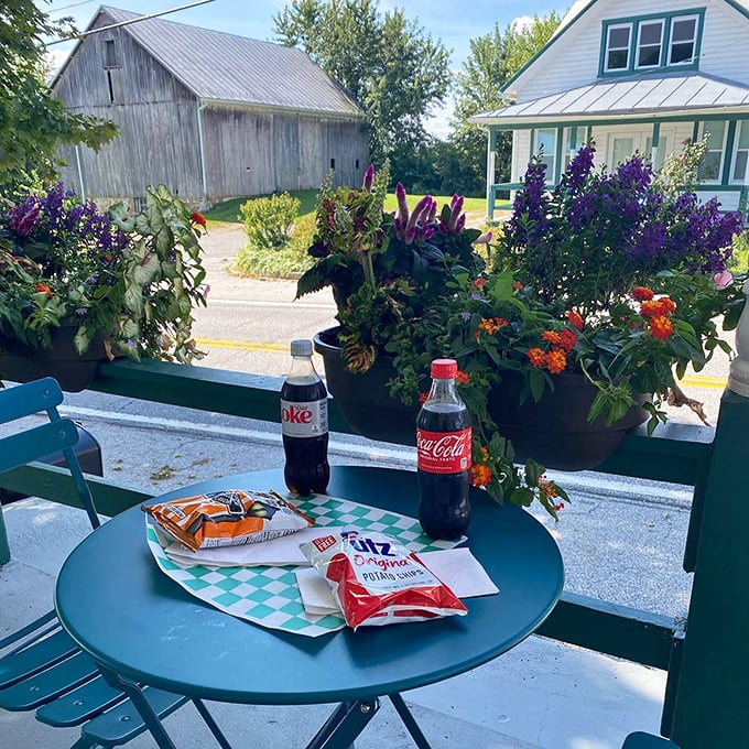 The perfect outdoor dining: simple snacks, cold Coke, and flowers that didn't come from a florist. Sometimes lunch is more about location than luxury.