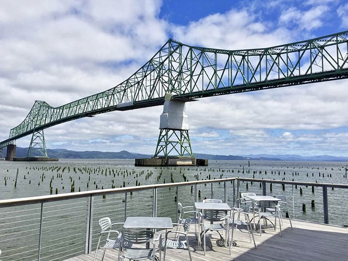 The outdoor deck puts you so close to the Astoria-Megler Bridge you could almost high-five passing ships on a clear day.