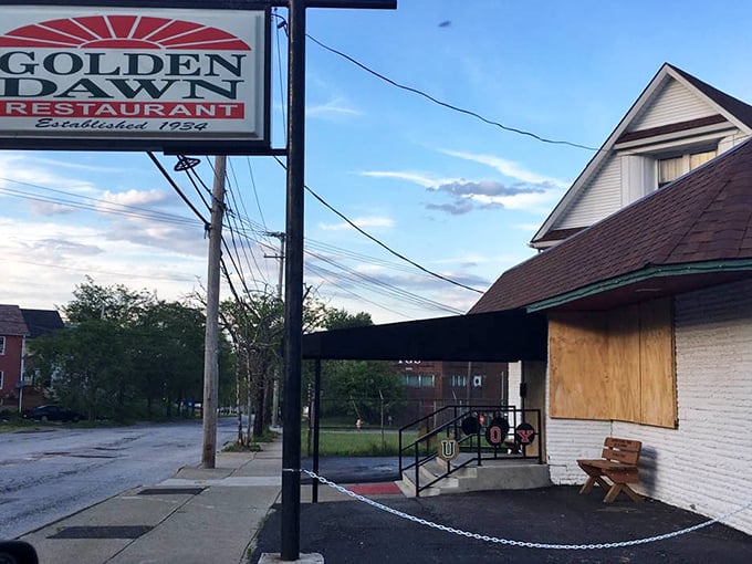 Even from the outside at dusk, Golden Dawn beckons with the promise of comfort and satisfaction—a beacon for hungry travelers.
