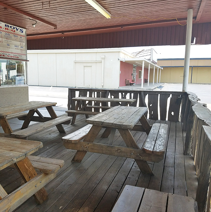 Outdoor seating where the only ambiance you need is fresh air and the anticipation of what's coming on that tray.