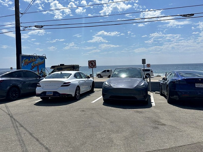 The parking lot—where Teslas and pickup trucks share the same mission: securing the best seafood on PCH. Democracy in action.