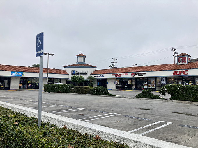 Even from the parking lot, this Goodwill promises adventure, conveniently located next to KFC for post-shopping sustenance.