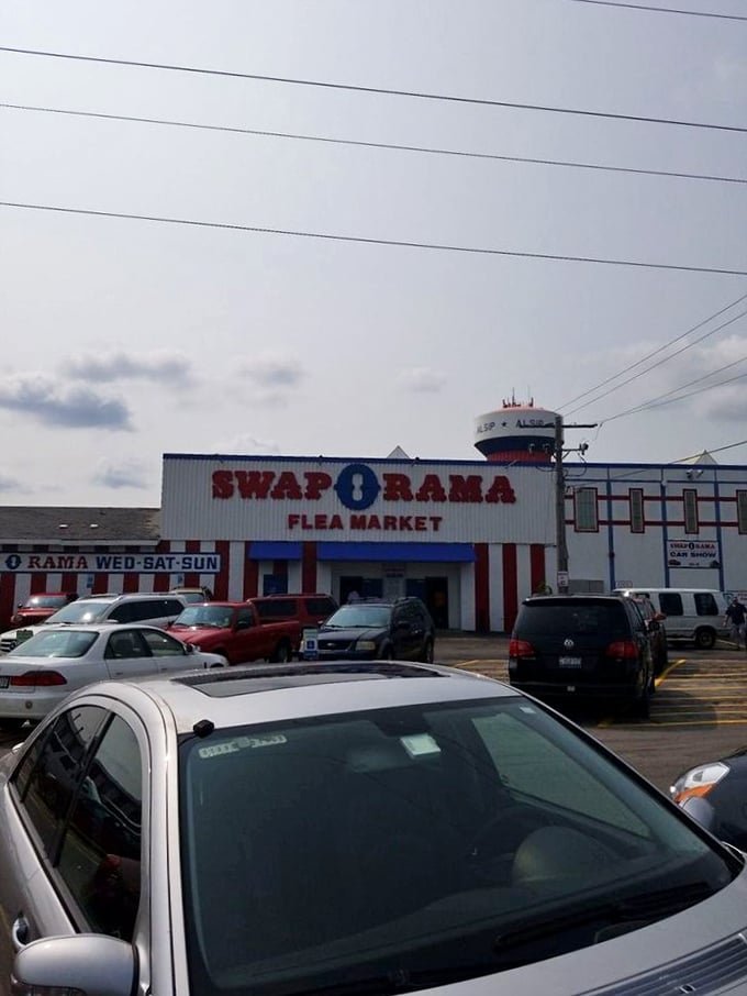 The packed parking lot—first challenge of the Swap-O-Rama experience. Each car represents a shopper armed with cash and the hope of finding something special.