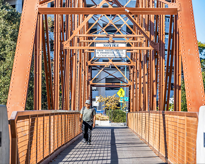 This pedestrian bridge connects more than just two sides of town—it links Roseville's historic past with its forward-thinking present in rust-colored industrial elegance.