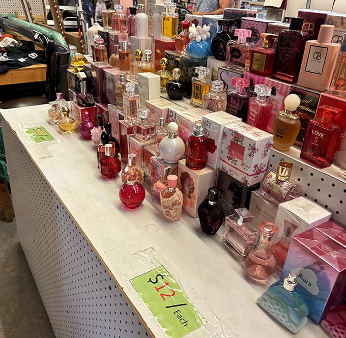 Perfume bottles glitter like jewels under fluorescent lights, offering designer scents at decidedly un-designer prices—luxury within reach of every budget.