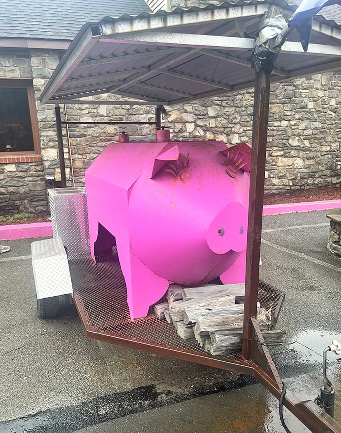 The famous pink pig smoker—where the magic happens! This porky contraption is responsible for that legendary brisket flavor.