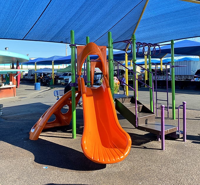 Even treasure hunters need a break—this playground keeps the little ones happy while adults debate the merits of vintage vinyl.