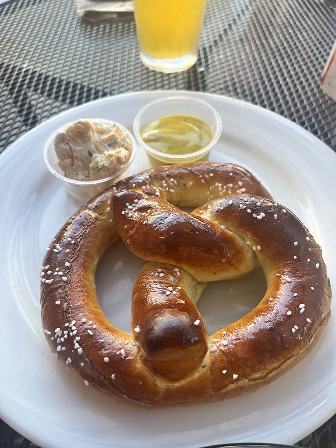 The humble pretzel, elevated to art form—golden, salt-flecked, and ready for its mustard companion. Bavarian tradition meets Ohio appetite.