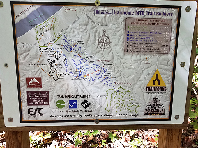 The mountain bike trail map reveals Harmonie's secret: this "flat" state park has enough elevation to challenge any cyclist.