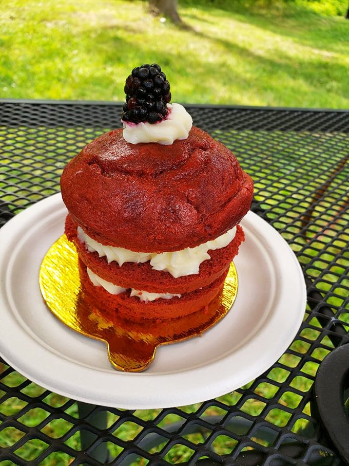 Red velvet cake gets the royal treatment with a blackberry crown. This isn't just dessert—it's what birthday cake dreams about becoming when it grows up.