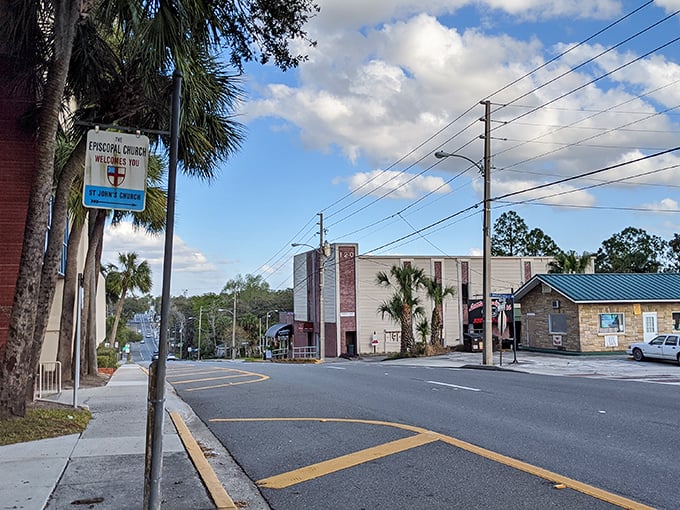 Church steeples and palm trees line Brooksville's streets, where sacred and tropical coexist in quintessential Florida harmony.