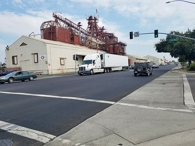 Agricultural infrastructure reminds visitors that Oakdale's economy is built on more than charm—it's a working town where silos aren't just decorative.