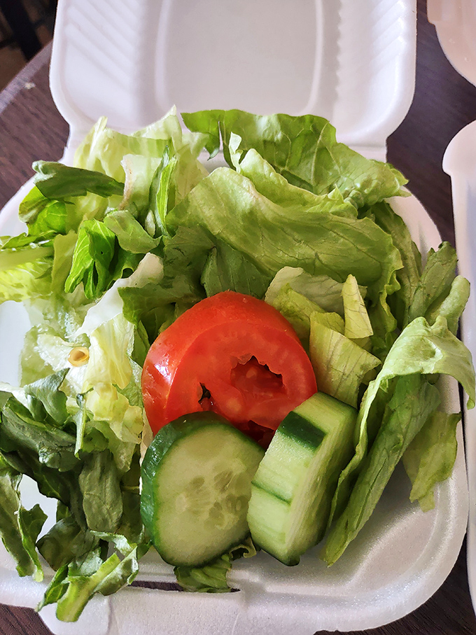 Even the side salad shows up dressed for success—crisp, fresh, and ready to provide the illusion of healthful balance.
