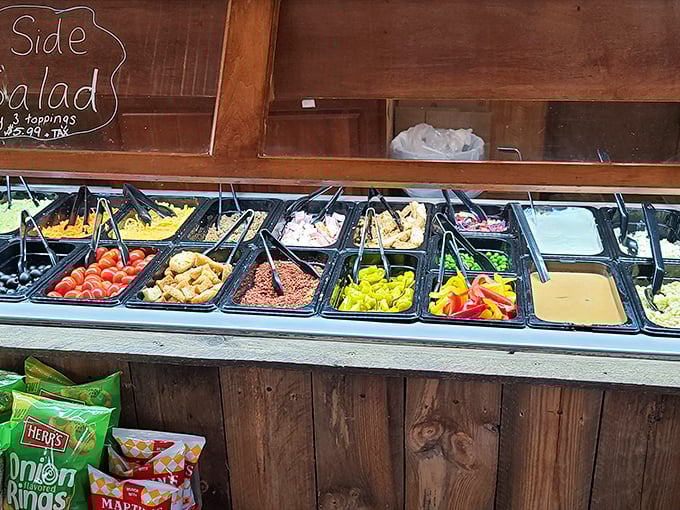 The salad bar—nature's apology for the dessert you're about to inhale. Those vegetables look suspiciously delicious for being healthy.