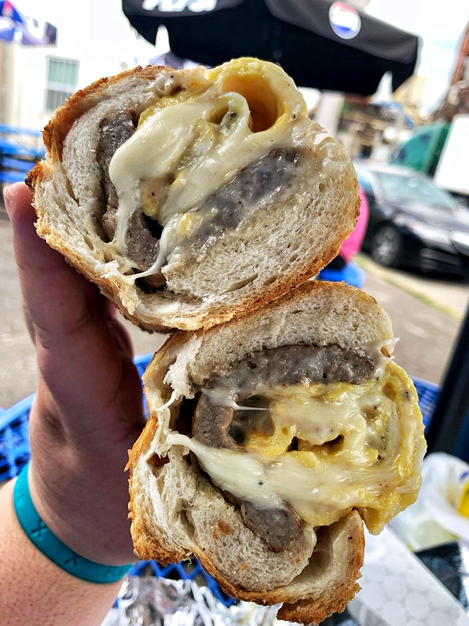 Cross-section perfection reveals the beautiful marriage of meat and cheese. Like seeing the rings of a tree, but infinitely more delicious.