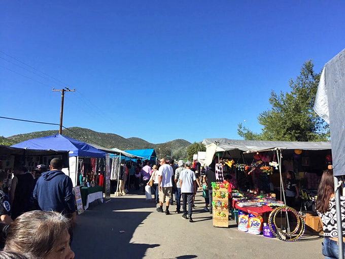 The human parade—shoppers on the hunt between mountains and sky. Every face tells a story of anticipated discoveries.
