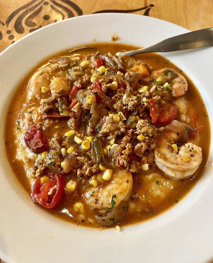 A bowl of shrimp and grits so soulful it could release its own R&B album, complete with corn, tomatoes, and spices playing backup vocals.