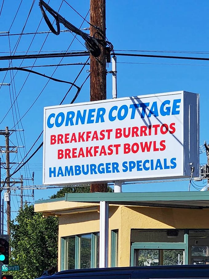 The sign says it all: breakfast burritos, breakfast bowls, and hamburger specials – honesty in advertising at its finest.