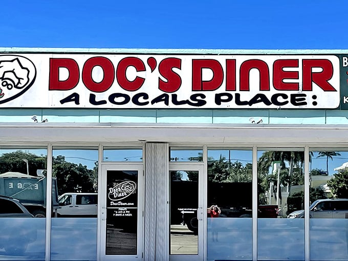 "DOC'S DINER: A LOCAL'S PLACE" – six words that promise authentic Florida Keys dining without pretension. The red lettering practically guarantees good food.