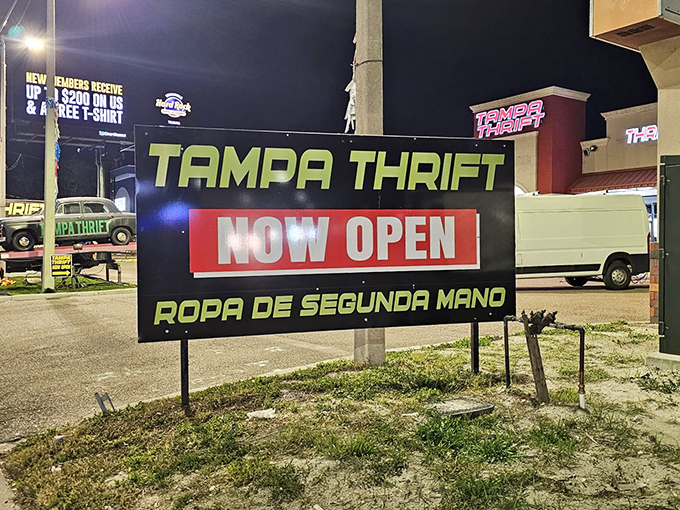 After dark, the Tampa Thrift sign glows with promise – announcing bargains in both English and Spanish to late-night treasure hunters.