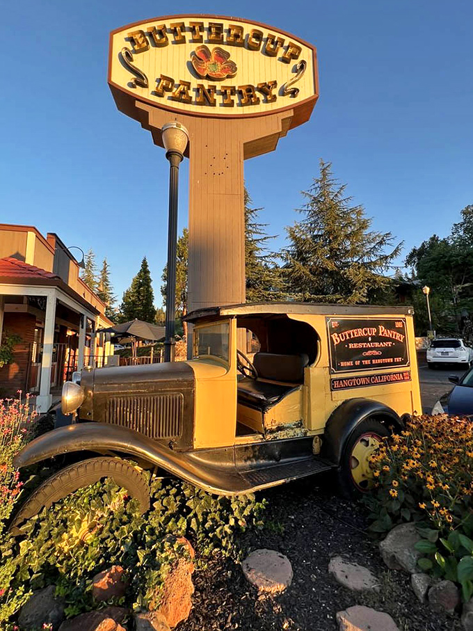 The beacon of breakfast hope. Buttercup Pantry's vintage sign and classic delivery truck announce: "Serious comfort food ahead—prepare your stretchy pants."