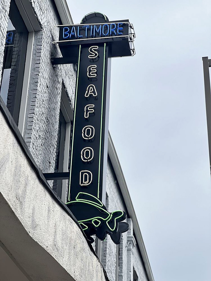 The vertical "BALTIMORE SEAFOOD" sign – like a bat signal for hungry locals and tourists with good taste.