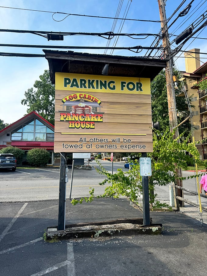 The parking sign that's saved countless tourists from towing disasters. In Gatlinburg, pancake parking is serious business.
