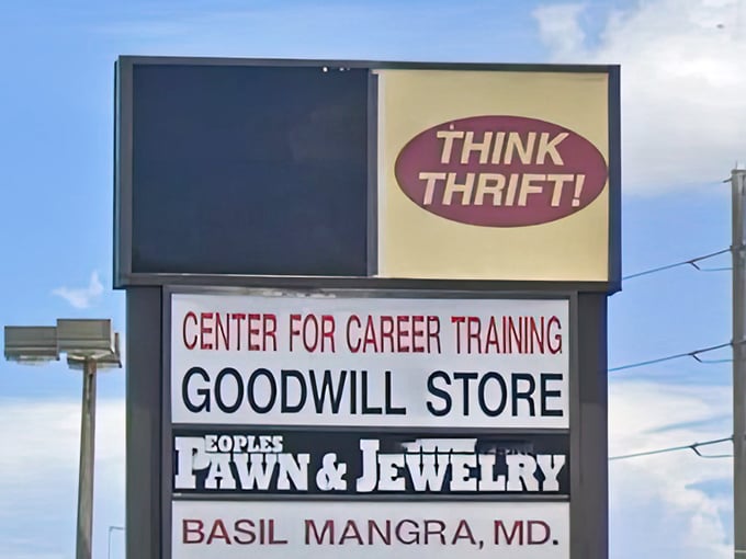 The sign tells the story—Think Thrift shares its corner of Florida with career training and pawn shops. A retail trifecta for the economically savvy.