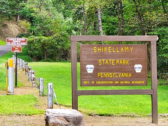 The wooden welcome sign stands as the official greeter to Pennsylvania's natural splendor. First impressions matter, even in the wilderness.