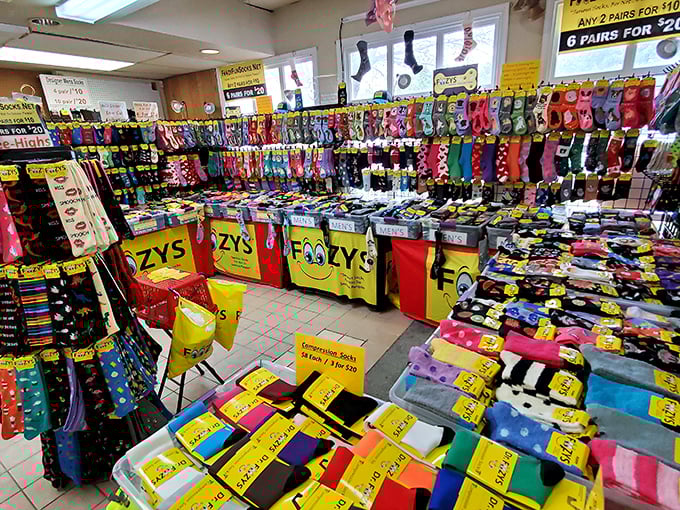 Sock paradise explodes in a riot of colors and patterns. Life's too short for boring feet, and this display makes sure yours will never be dull again.