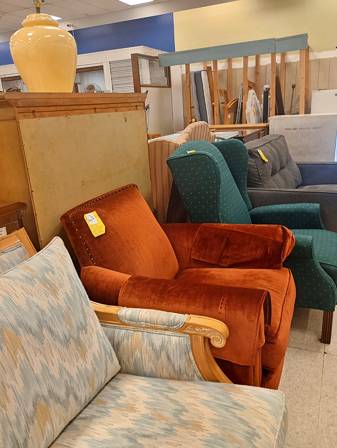 That burnt orange corduroy recliner isn't just a chair – it's a time machine to your grandparents' living room, minus the plastic covers.