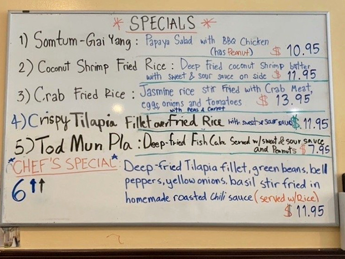 The specials board – where adventurous eaters find treasures like Som Tum and Tod Mun Pla – is always worth a careful read.