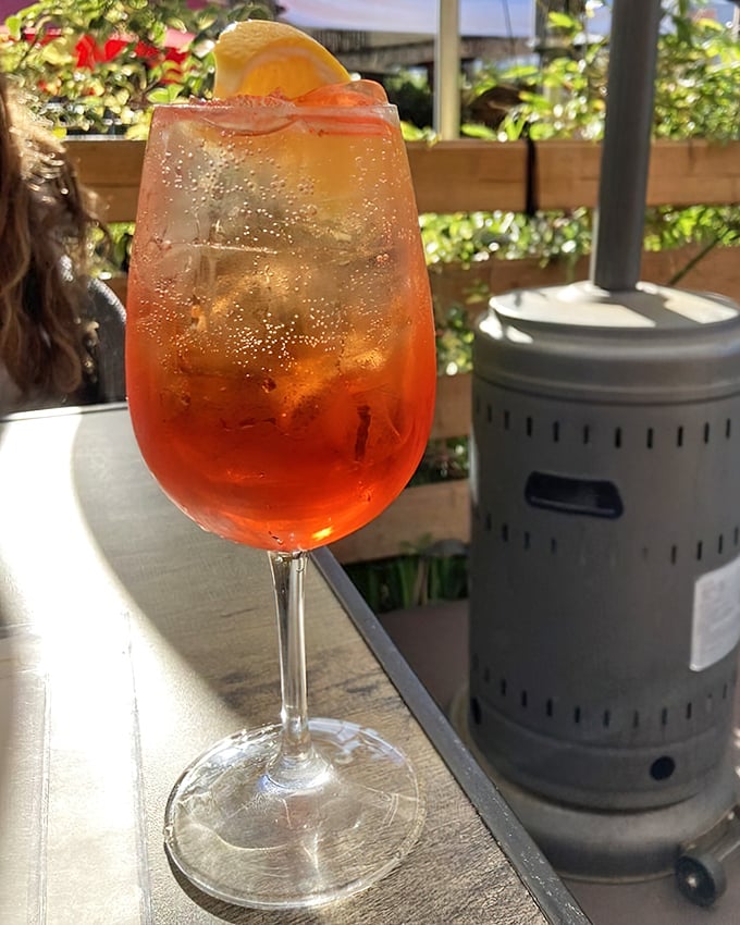 The spritz—summer in a glass. That vibrant orange-red hue promises refreshment with just enough bitterness to keep things interesting.