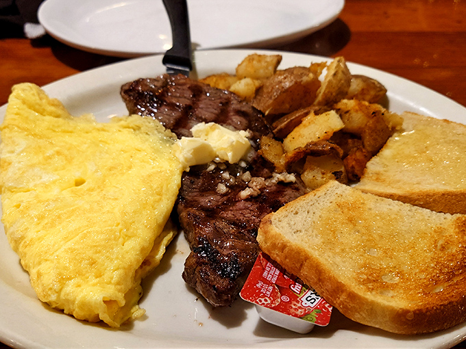 The breakfast of champions or the dinner of night owls—this steak and eggs plate with golden potatoes is the Swiss Army knife of comfort meals.