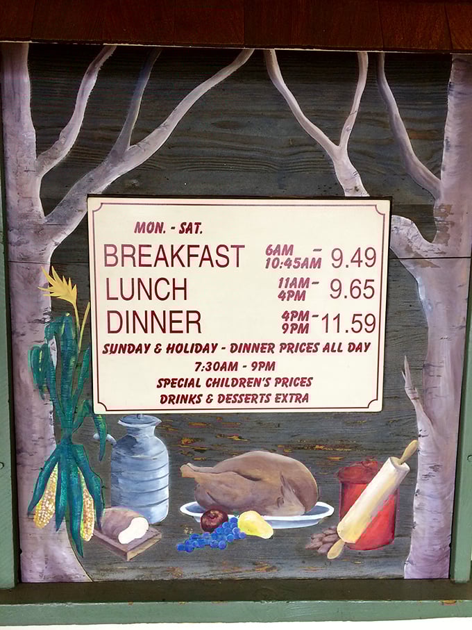 Operating hours posted like a treasure map – X marks the spot where breakfast becomes lunch and diet plans walk the plank.