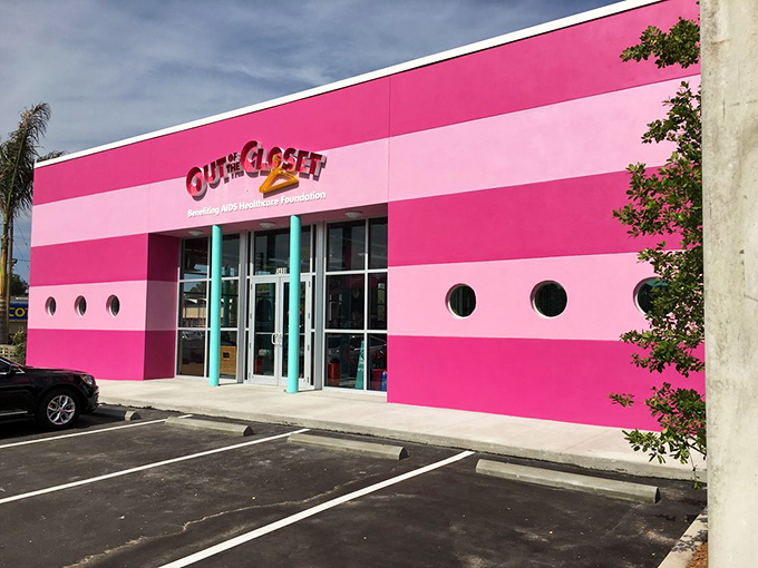 The alternating pink stripes create a playful, can't-miss landmark. Those porthole windows add a touch of nautical whimsy to the beachy Florida vibe.