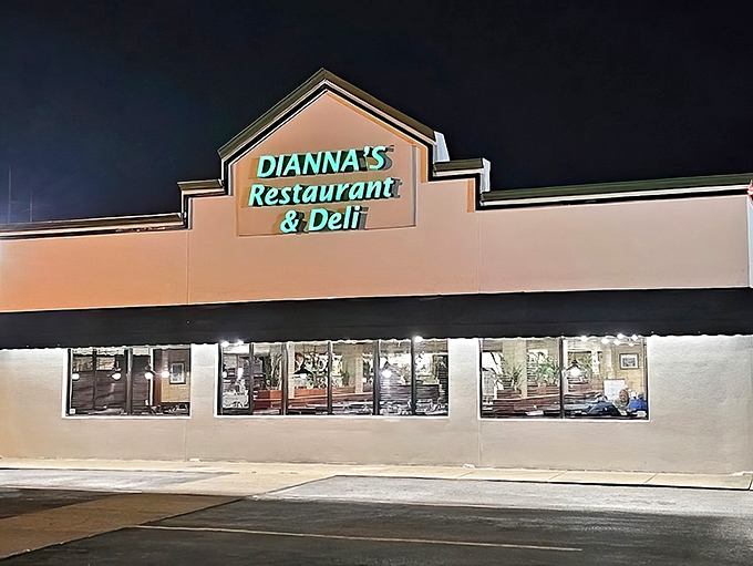 By night, Dianna's glowing storefront beckons hungry travelers like a lighthouse guiding ships to safe harbor – except with pancakes.