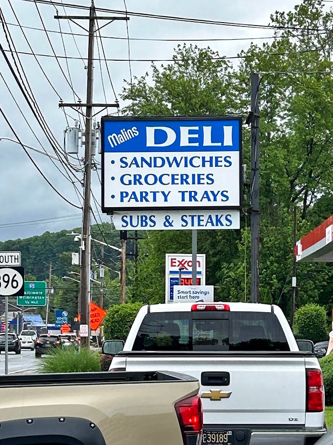The roadside sign stands as a beacon of hope for the hungry traveler—SANDWICHES, GROCERIES, PARTY TRAYS—three promises worth pulling over for.
