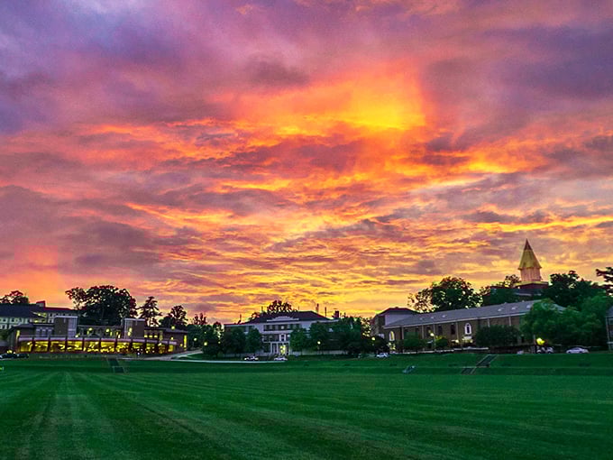 Sunset over Dahlonega University campus paints the sky in colors so dramatic they deserve their own standing ovation—nature's grand finale to another perfect Georgia day.