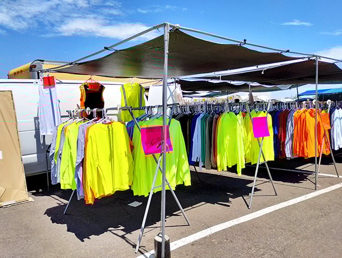 Neon safety gear shines like beacons, because nothing says "fashion statement" quite like visibility from space.