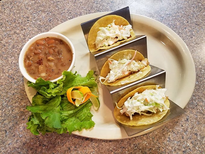 These aren't your typical street tacos—they're Joe's take on the classic, served with beans and a side of diner hospitality.