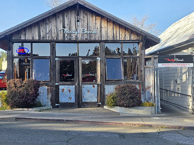 Thirsty Barrel's rustic-chic exterior promises craft beverages in a setting where Gold Rush aesthetics meet modern tastes—no saloon brawls required.