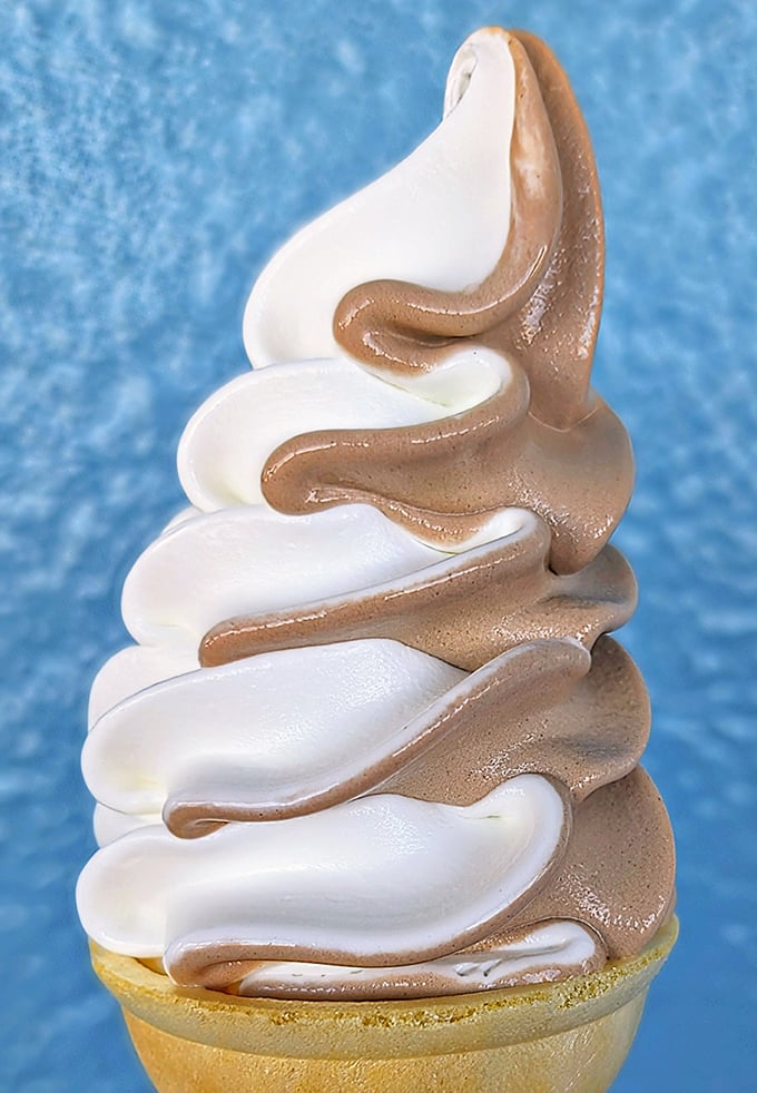 The twist cone—where chocolate and vanilla live in perfect harmony, proving that sometimes the best things in life are indeed black and white.