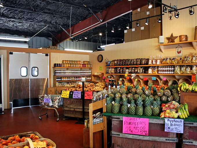 The market section offers a rainbow of fresh produce and homemade goods. Like the restaurant's food philosophy in visual form: fresh, colorful, and honest.