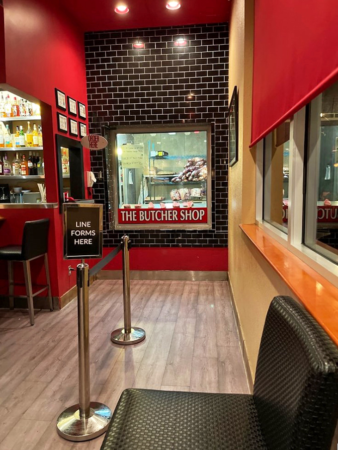 "The Butcher Shop" – where meat dreams begin. This waiting area feels like the VIP entrance to carnivore heaven.