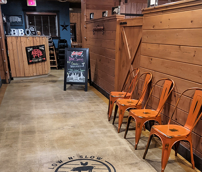 The waiting area's rustic charm and signature orange chairs make even the anticipation part of the experience. Good things come to those who wait.