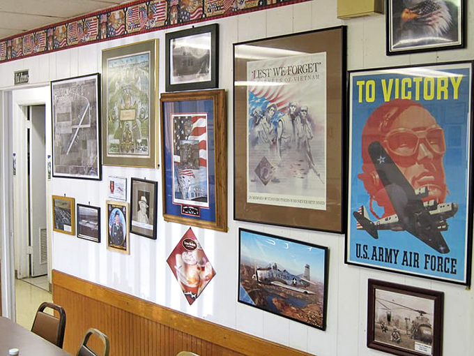 The walls tell stories of aviation history and American pride – a visual feast that gives you something to ponder between bites.