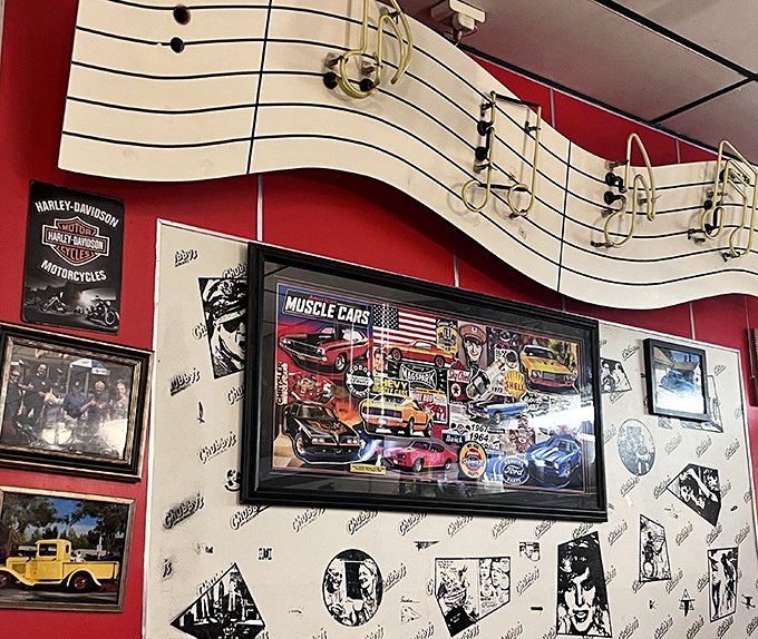 The walls tell stories of American classics – muscle cars and music notes creating the perfect backdrop for comfort food conversations.