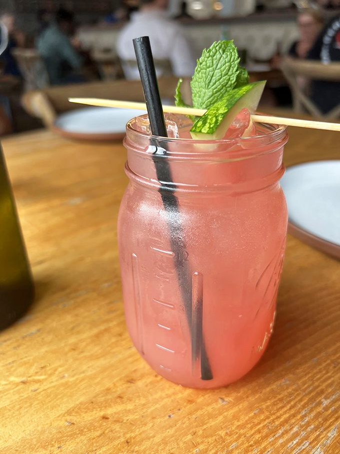 A watermelon mojito in a mason jar—because drinking out of regular glassware is so last season. Refreshingly Miami meets Southern charm.